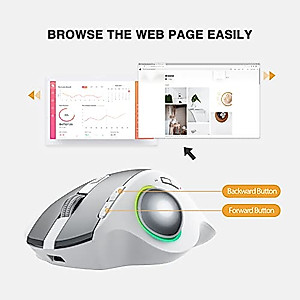 ProtoArc Wireless Bluetooth Trackball Mouse, EM01 2.4G RGB Ergonomic Rechargeable Rollerball Mice, 3 Device Connection&Thumb Control, Compatible for PC, iPad, Mac, Windows-White Silver