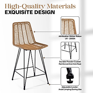 IDZO Rattan Counter Height Bar Stools Upgraded, 36.5" Tall, 400lbs Weight Endurance, Steel Frame, Plush Cushions, Ideal as a Bar Stools Set of 2