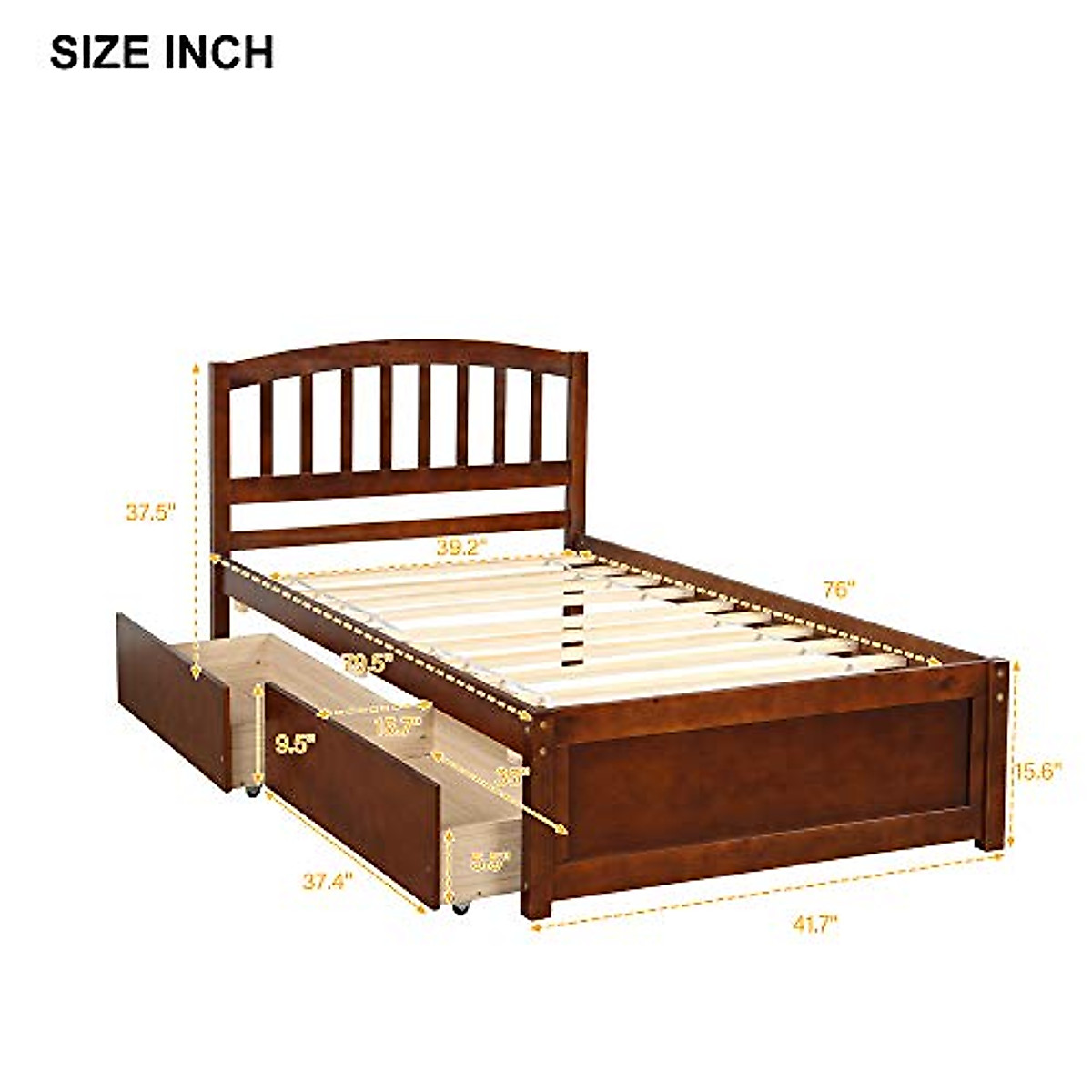 BIADNBZ Twin Size Platform Bed with Two Storage Drawers and Headboard, Wood Bedframe for Kids Teens, Wooden Slats Support, No Box Spring Needed, Easy Assembly, Walnut