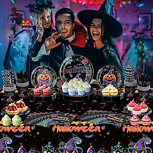 150 Pcs Neon Halloween Party Supplies for 16 Guest, Glow in The Dark Halloween Paper Plates and Napkins Disposable Tableware Set Include Knife Fork Spoon for Happy Halloween Birthday Party Supplies