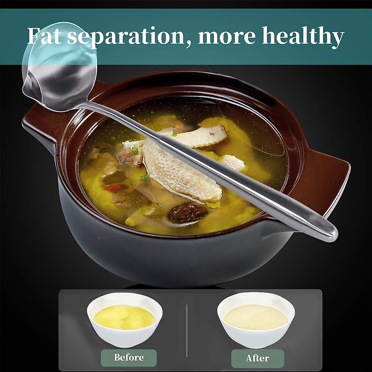 Newness Fat Separator, Durable 304 Stainless Steel Gravy Separator Skimmer with Vacuum Ergonomic Round Handle, Kitchen Cooking Fat Remover Strainer Spoon for Soups, Sauces, Stews and More, 13.5 Inches