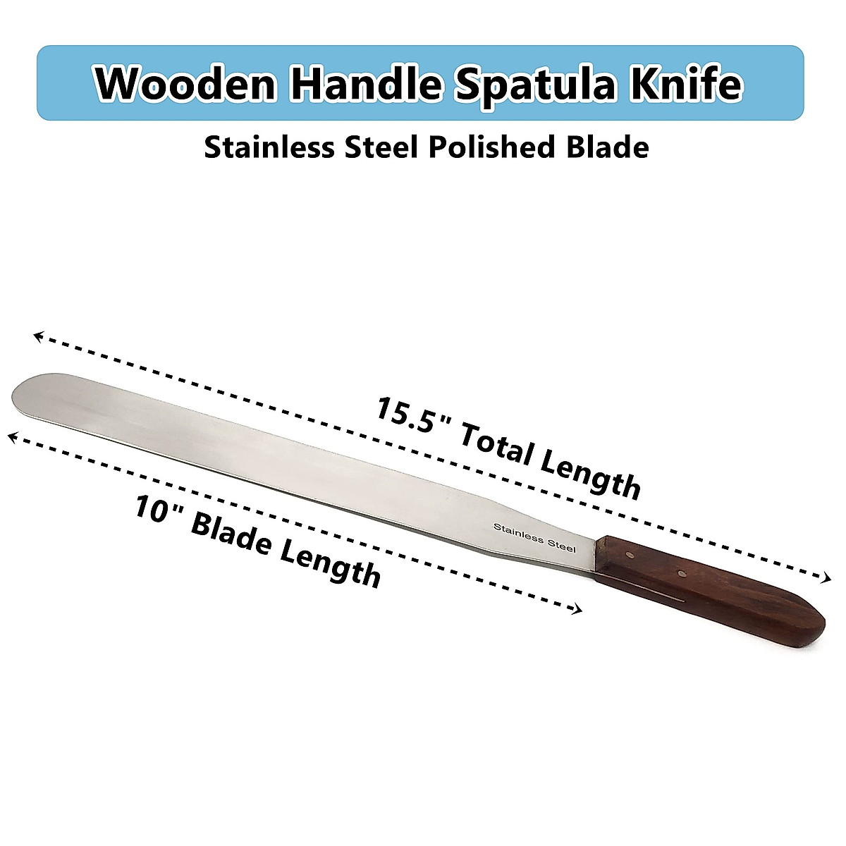 A2Z-WHS10 Stainless Steel Lab Spatula with Wooden Handle, 10" Blade, 1.5" Blade Width, 15.2" Total Length
