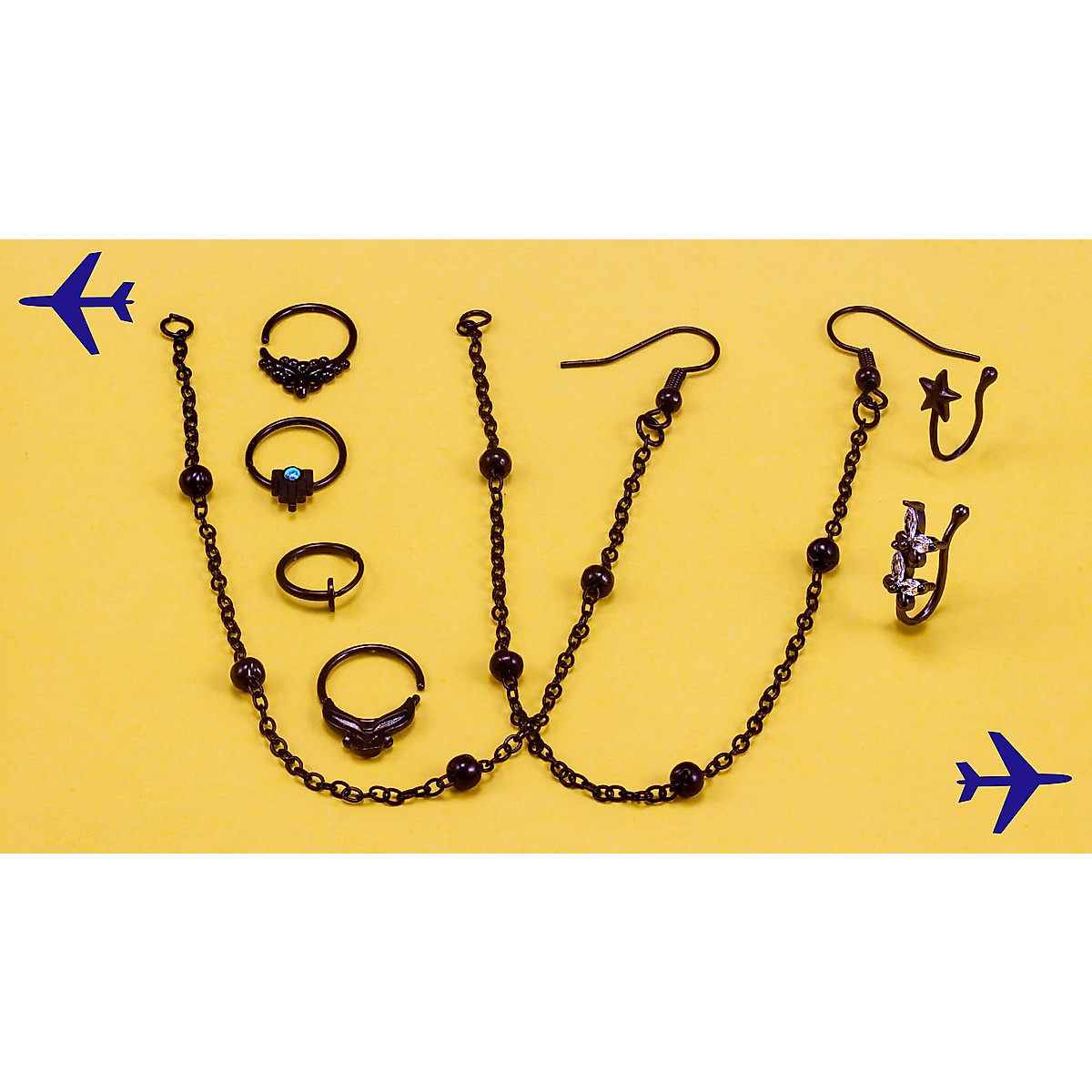 8Pcs 20G Nose Rings Hoop Chain Piercing Surgical Steel Fake Faux Nose Septum Ring Jewelry for Women Crystal Leaf Butterfly Rook Helix Cartilage Daith Piercing Jewelry,Black Nose Clip 8mm Cuffs