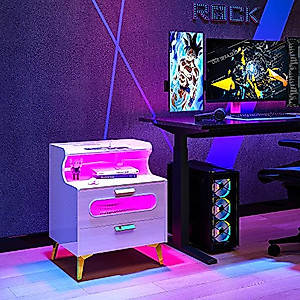 Dystler Nightstand with Wireless Charging Station RGB Smart Night Stand with Human Sensor Design Bedside Table with 2 Drawers LED Modern end Table for Bedroom Livingroom, White