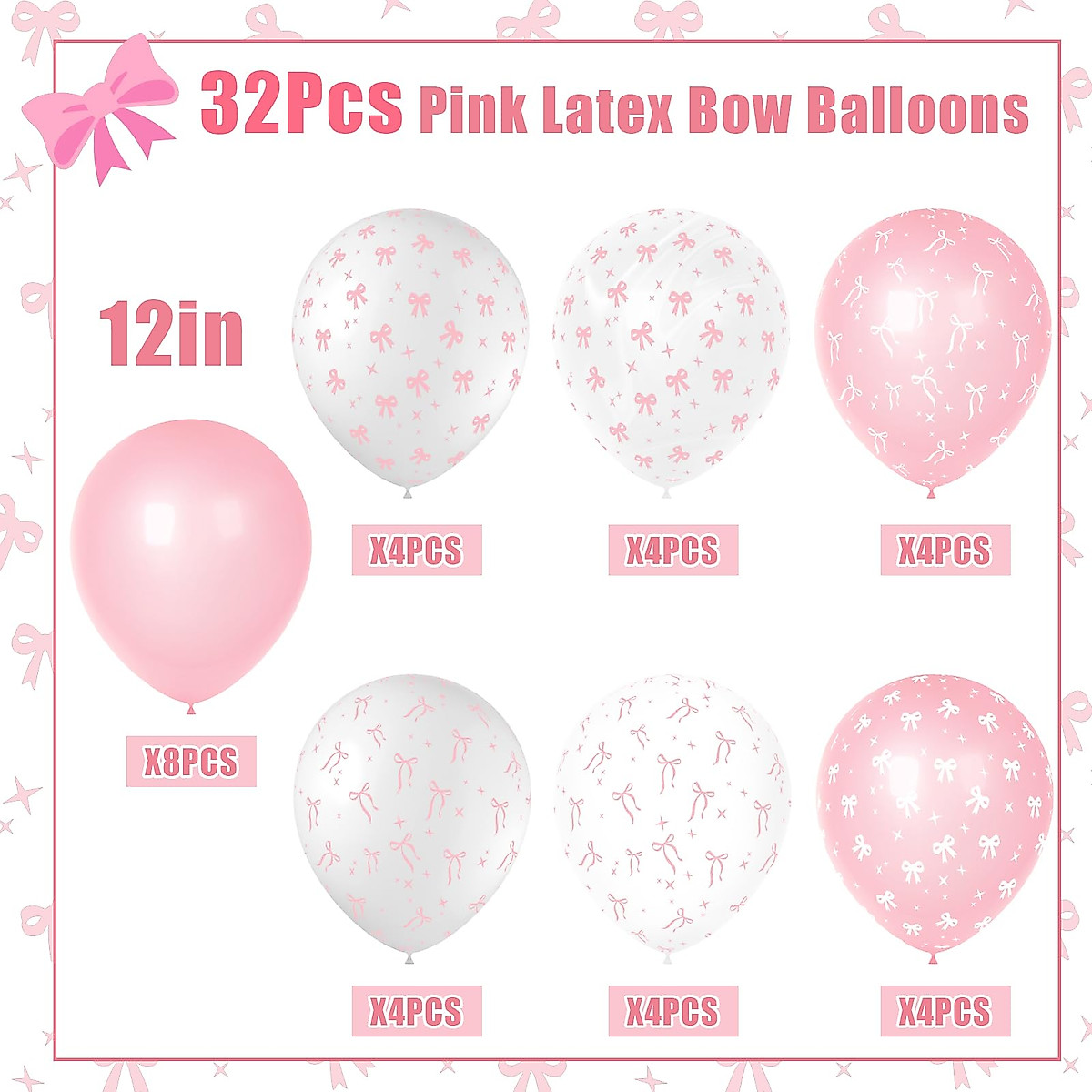 Juome 32 Pcs Pink Bow Balloons Party Decorations - Coquette Bows Birthday Decorations, Bow Theme Decor for Girls Birthday, Bachelorette Decorations, Bridal Engagement Decor, Baby Shower Decoration
