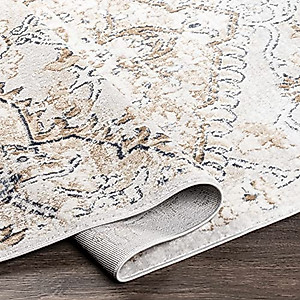 Mudgee Persian Oriental 7'9" x 9'6" Living Room Bedroom Boho Large Area Rug - Bohemian Farmhouse Indoor Carpet - Vintage Distressed Medallion Motif - Soft & Neutral - Tan, Brown, Cream, Beige