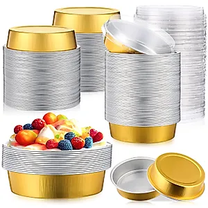 120 Pcs Disposable Ramekins with Lids, 8 oz Mini Pie Tins Mini Pie Pans 4 Inch Creme Brulee Ramekins Mini Cake Pans Aluminum Foil Pie Container Tin Tart Pans for Party Oven Baking(Gold)