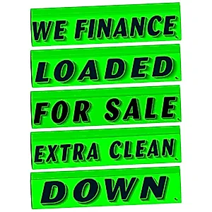 Versa Tags Windshield Slogan Stickers 12 Pack Each of WE Finance, Loaded, for Sale, Extra Clean, Down (60) Window Stickers Total Dealership Stickers Black On Green