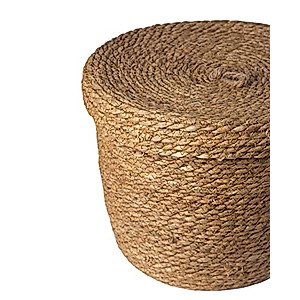 Handcrafted basket with lid. Decorative Baskets for storage. Natural rope basket with lid. Woven Seagrass baskets for blanket. Lidded Basket design. Round decorative basket. (Small)