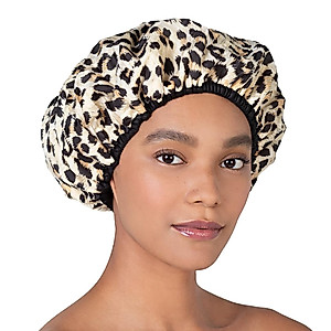Reusable Nylon Shower Cap & Bath Cap, Reversible Oversized Waterproof Shower Caps Large Designed for all Hair Lengths w Terry Lining & Elastic Band Stretch Hem Hair Hat - Socialite Safari Spots