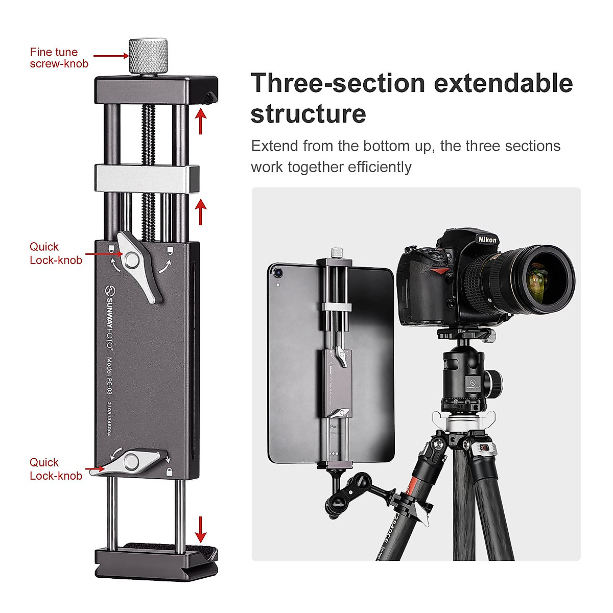 SUNWAYFOTO PC-03 Tablet Laptop Mount Smart Phone Bracket Tripod Bracket Accessories for Ipad Pro Holder Arca Swiss Stand Universal