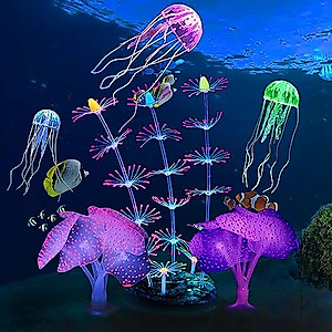 kathson 6 Pack Glowing Fish Tank Decorations Silicone Glow Aquarium Decor Simulation Plants Coral Jellyfish Artificial Horn Coral Fluorescence Soft Sea Anemone Coral Plant Fish Tank Glow Ornaments
