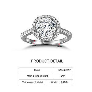 Moissanite Rings White Gold 2 Carat Round Cut Engagement Rings for Women Solitaire Rings D Color D Color VVSI Sterling Silver Rings