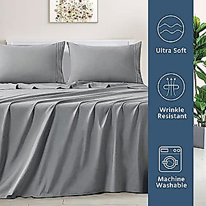 wavveUziz Bed Sheet Set Super Soft 100% Microfiber Sheet 1800 Brushed Microfiber Embroidered Queen Size Bed Sheets 16-Inch Deep Pocket - 4 Piece, Gray