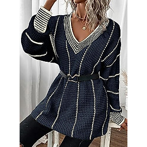 Dokotoo Women Sweater Casual Striped Tunic Long Sleeve Cute Oversized V Neck Knitted Pullover Sweaters for Women Blue X-Large
