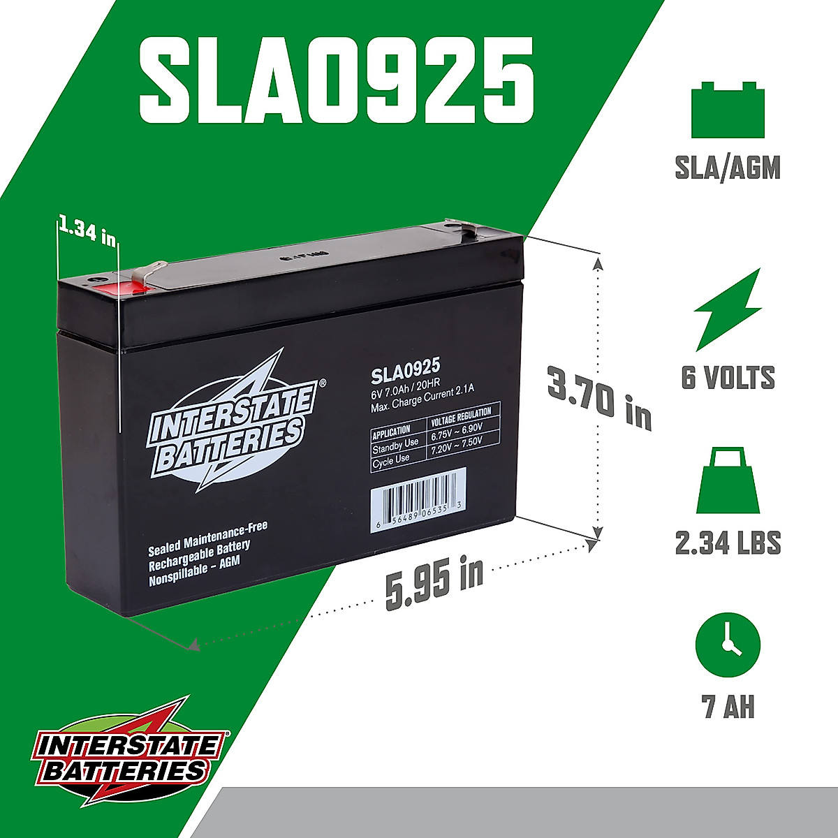 Interstate Batteries 6V 7Ah Battery (F1 Terminal) SLA AGM VRLA Rechargeable Replacement for Electric Fences, UPS Backup Systems, Solar, Medical Devices (SLA0925)