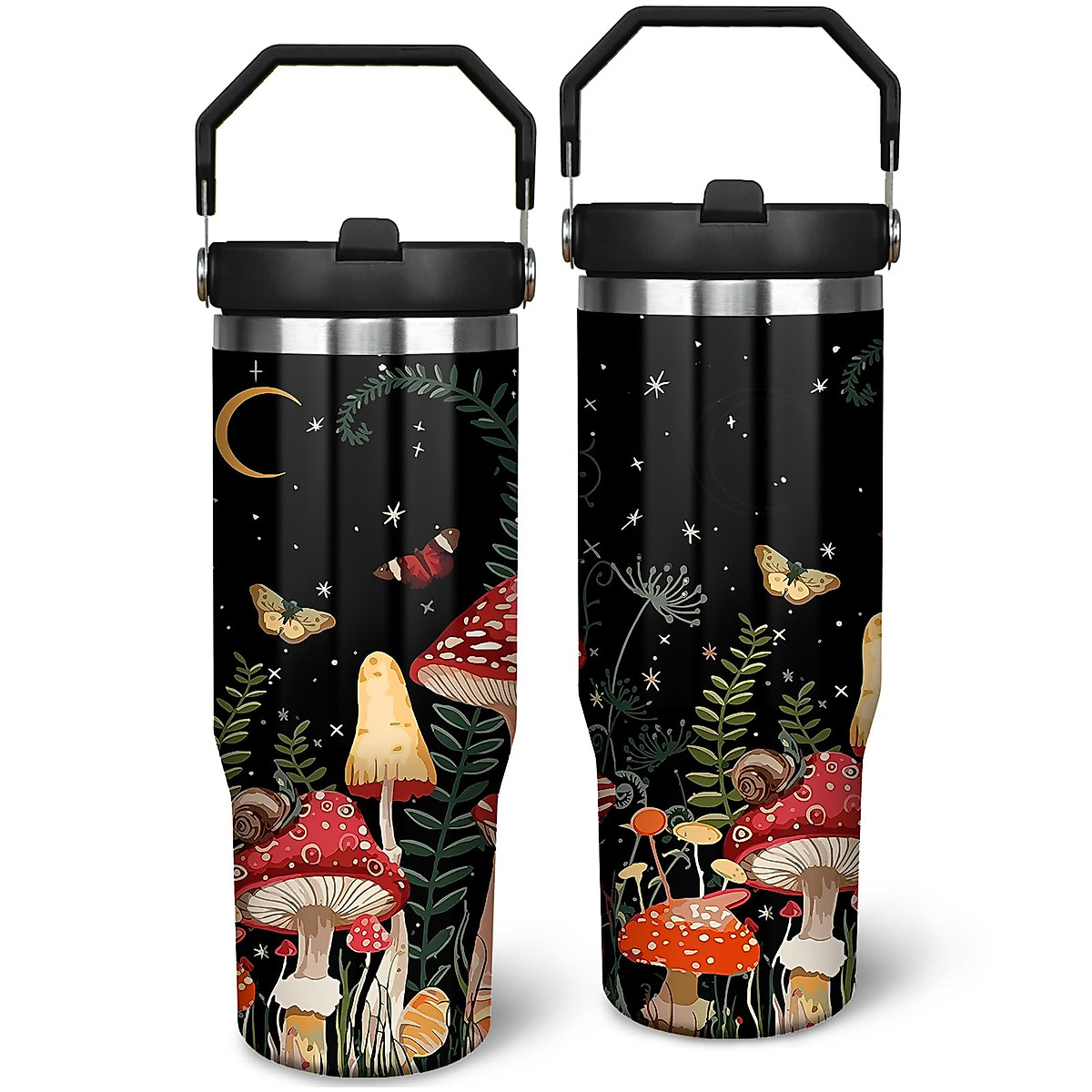 thmasamwr Mushroom Tumbler with Lid and Straw, Stainless Steel Mushroom 30oz Tumbler with Handle, Black Mushroom Travel Coffee Mug Mushroom Gifts Cups for Women and Men