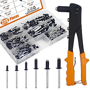 ISPINNER 225pcs Black Aluminum Blind Rivets Assortment Kit with Heavy Duty Hand Riveter Rivet Gun Tool, 6 Sizes Pop Rivets with Divider & Labeled Case
