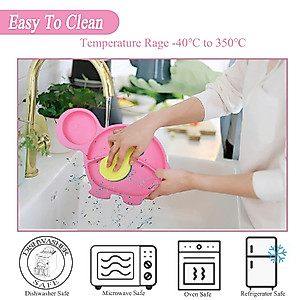 NICINGU Silicone Suction Plate spoon fork sets for Toddlers,Divided Plate Dish Placemat Bowl for Baby Kids Infant Self Feeding Training，Fits Most Highchairs, BPA Free Microwave Dishwasher Safe-Pink