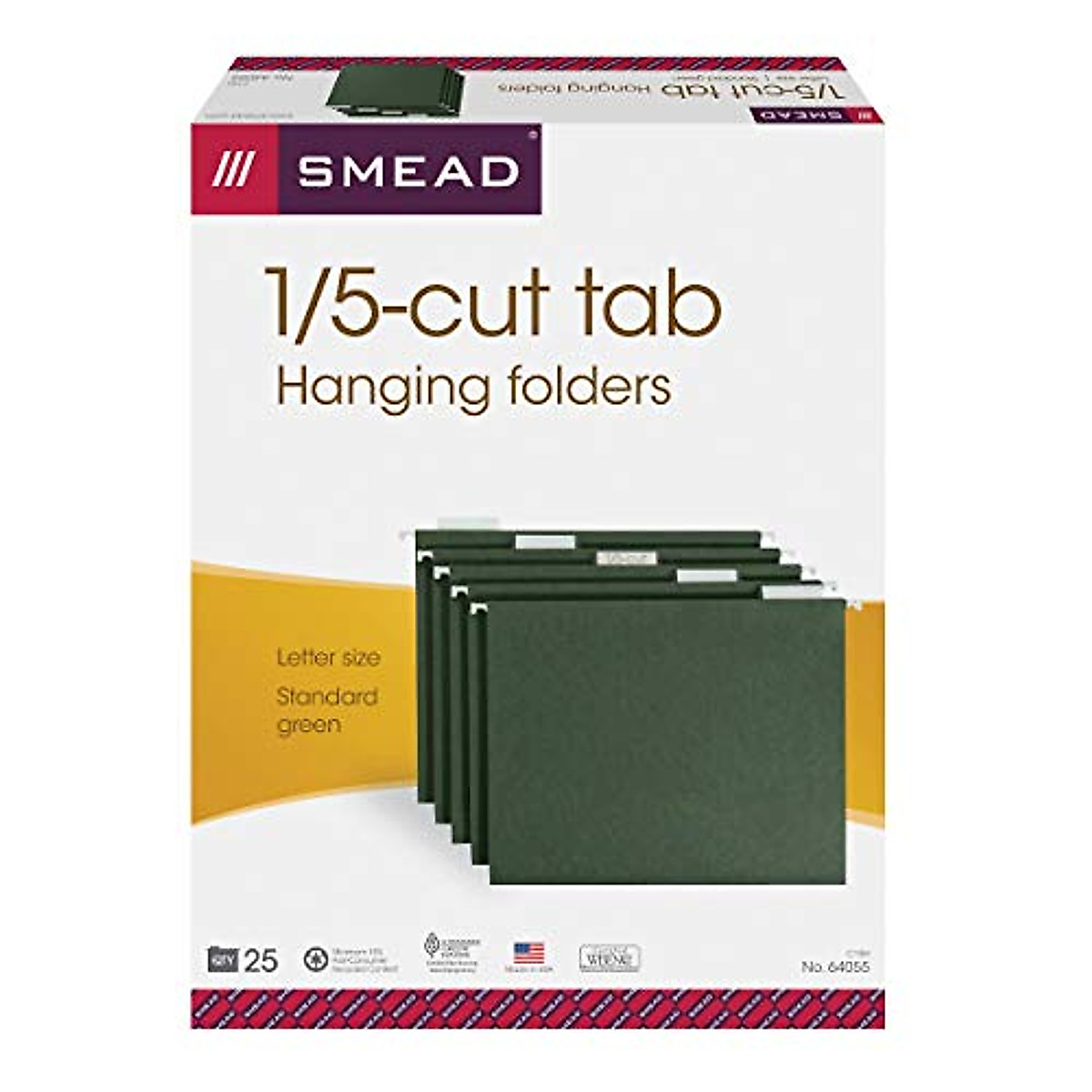 Smead Hanging File Folder with Tab, 1/5-Cut Adjustable Tab, Letter Size, Standard Green, 25 per Box (64055)