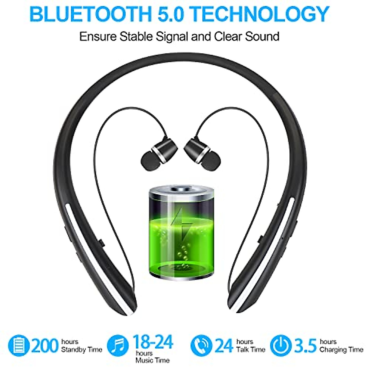 CHENG FEI KE Bluetooth Headphones,Retractable Wireless Earbuds Neckband Headset Sports Noise Cancelling Stereo Earphones with Mic 24 Hrs Playtime Call Vibrate Alert (Black)