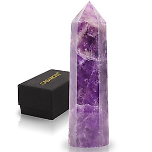 CASMON Amethyst Crystal Tower 3.2"-3.5" Healing Crystal Point Wand, Natural Large 6 Faceted Prism Natural Lepidolite Crystal Wand with Gift Box for Reiki, Chakra, Meditation, Collection, Home Décor