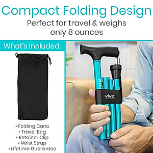 Vive Folding Cane - Foldable Walking Cane for Men, Women - Fold-up, Collapsible, Lightweight, Adjustable, Portable Hand Walking Stick - Balancing Mobility Aid - Sleek, Comfortable T Handles (Teal)