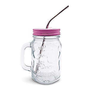 Home Suave Mason Jar Mugs with Handle, Regular Mouth, Colorful Lids with 2 Reusable Stainless Steel Straw, Set of 2 (Pink), Kitchen Glass 16 oz Jars,Refreshing Ice Cold Drink & Dishwasher Safe
