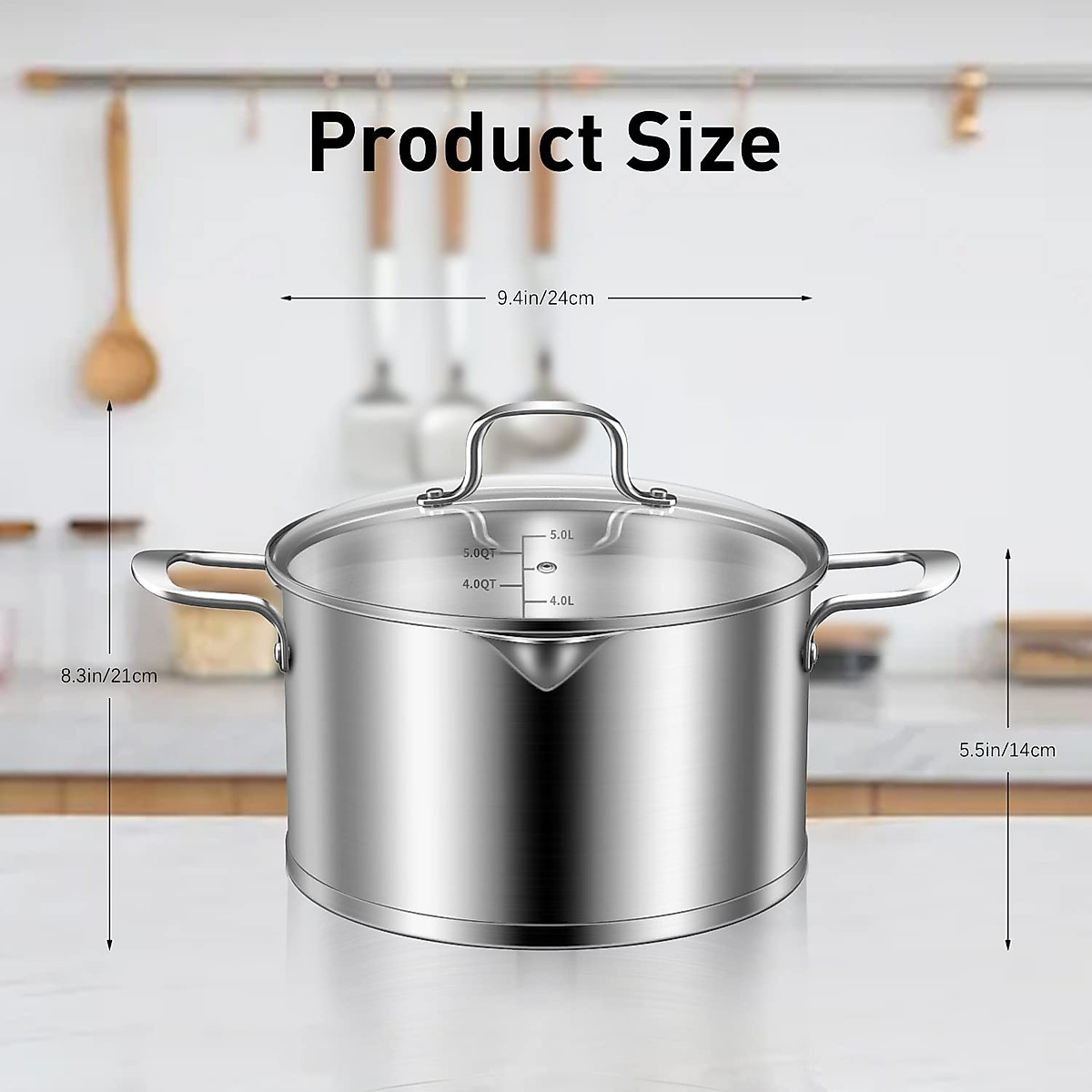 5 Quart Stainless Steel Induction Stock Pot with Glass Lid, 5 Qt Multipurpose Cooking Soup Pot with Pour Spout, Scale Engraved Inside, Dishwasher Oven Safe