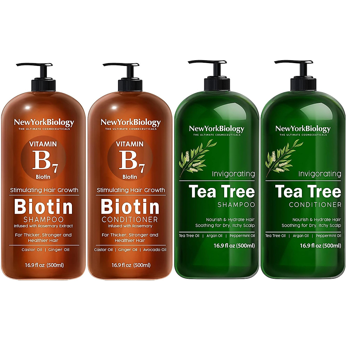 New York Biology Biotin Shampoo and Conditioner Set for Hair Growth with Tea Tree Shampoo and Conditioner Set - Thickening Formula for Hair Loss Treatment - Relief for Dandruff – 16 fl. Oz