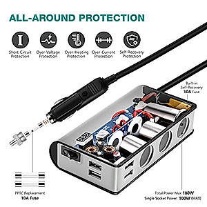 OOWOLF Cigarette Lighter Adapter Quick Charge 3.0 180W 12V/24V 3-Socket Power Splitter 4 USB Ports Car Power Adapter Car Splitter for GPS, Dash Cam, Sat Nav, Phone, Tablet, etc
