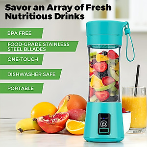Personal Blender for Shakes and Smoothies, USB Rechargeable Shaker, Portable Juicer with Six Cutters, 380ML Juice Bottle for Travel Gym（Teal）