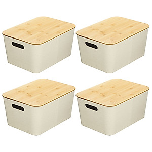 mDesign Modern Fabric Covered Basket with Lid - Stacking Decorative Storage Bin Box with Bamboo Cover for Closet, Living Room, Kitchen, Office Shelf - Holders for Clothing/Accessories, 4 Pack, Cream