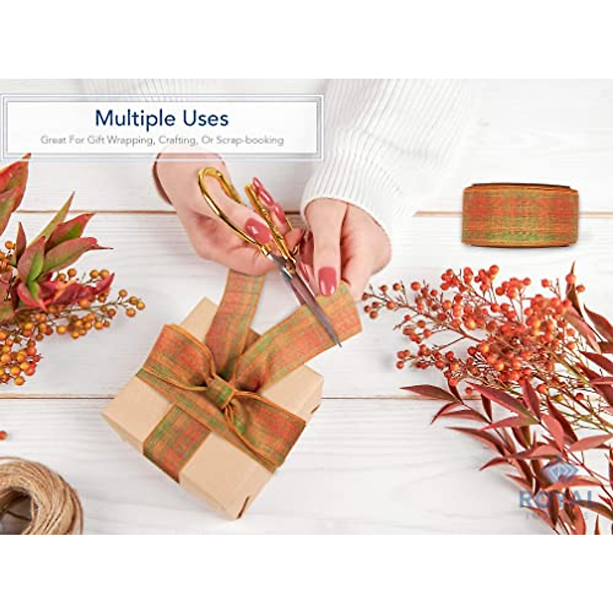 Royal Imports Fall Checkered Plaid Print Ribbon Wired, Orange/Green, 2.5" (#40) for Bow Making, Gift Wrapping, Wreaths, 25 Yd Roll (75 FT Spool)