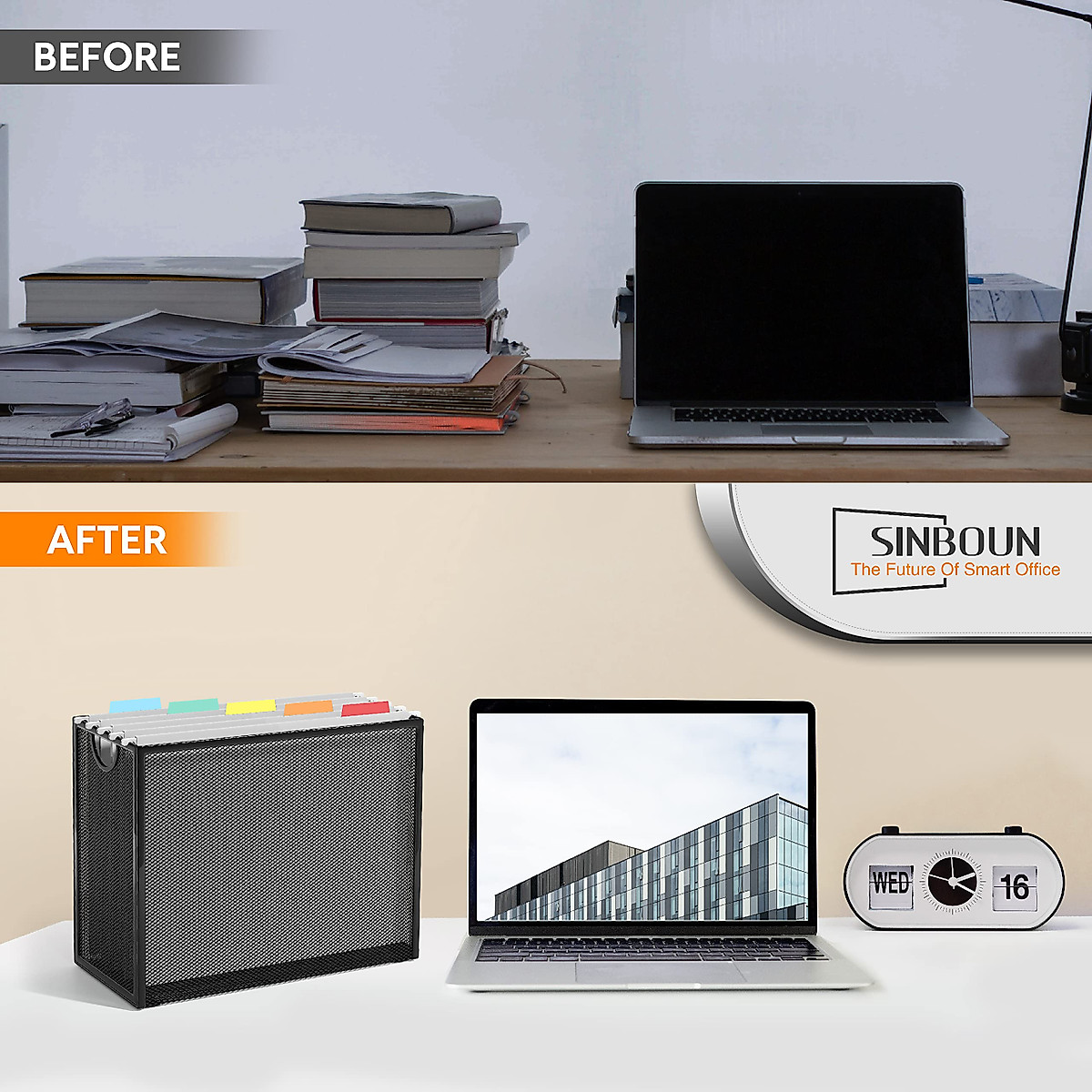 Sinboun Hanging File Organizer Letter-Size File Holder Filing Box Includes 5 Hanging Folders - Metal Mesh Magazine Book Letter Storage Cabinets File Cart for Office Home School, No Assembly Required