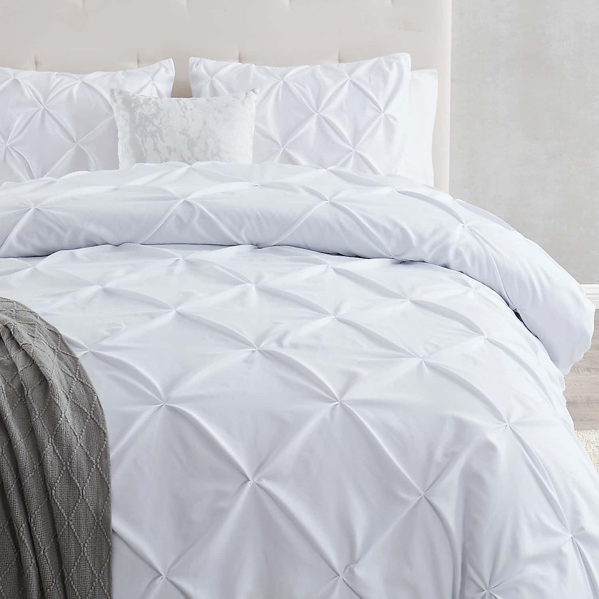 Nestl White Duvet Cover Queen Size - Pintuck Queen Duvet Cover Set, 3 Piece Double Brushed Duvet Covers with Button Closure, 1 Pinch Pleated Duvet Cover 90x90 inches and 2 Pillow Shams