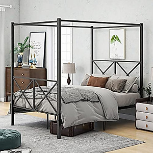 Tensun Full Size Metal Canopy Bed Frame, Platform Bed Frame with X Shaped Headboard and Footboard,Detachable Bed Frame No Box Spring Needed/Easy Assembly Black