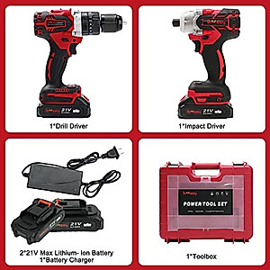 BeHappy Cordless Drill Combo Kit 21V, 1/2 Inch Brushless Power Tool Kit and 1/4 Inch Impact Driver, Electric Drill Kit with 2 Batteries and Charger, DIY