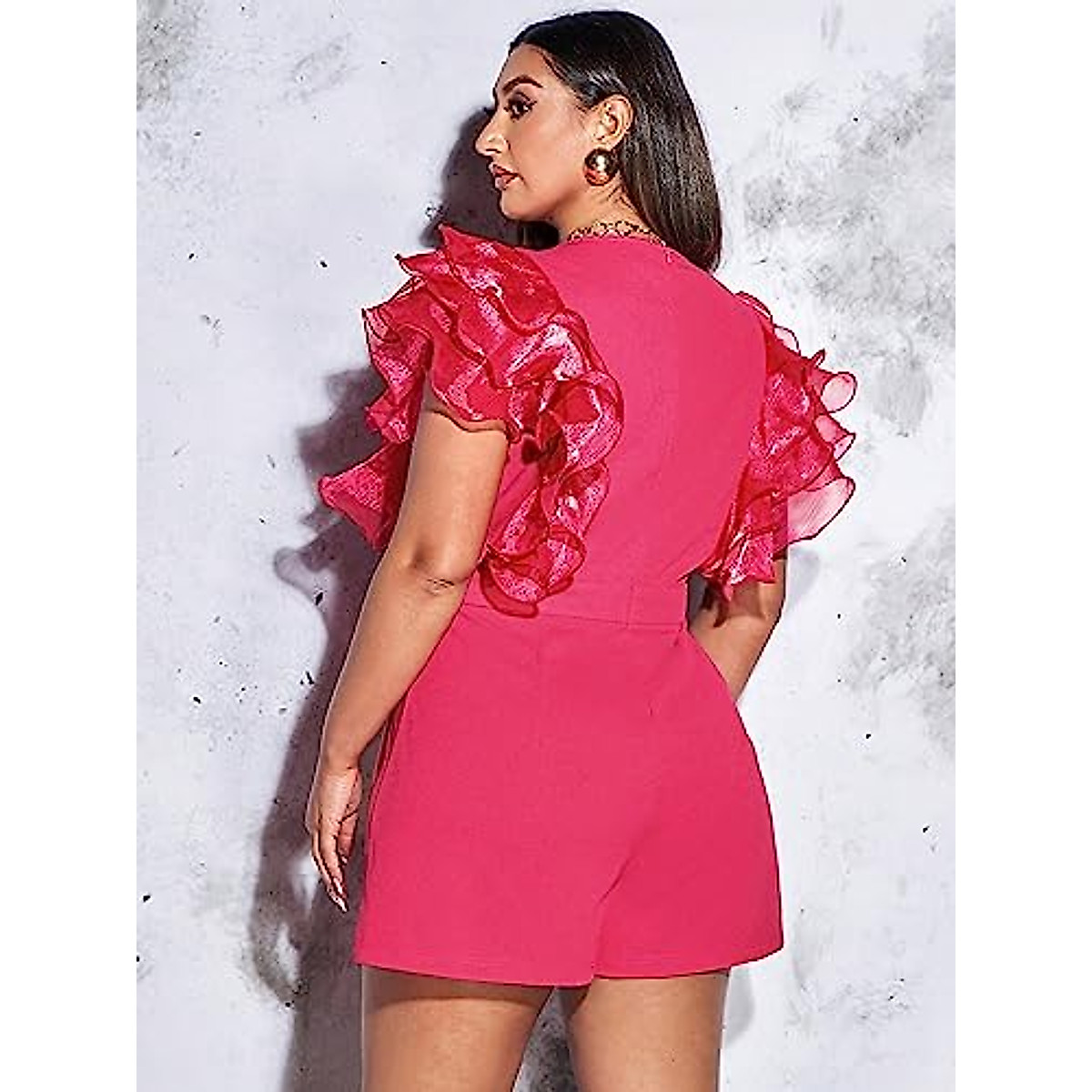 WDIRARA Women's Mesh Layered Ruffle Sleeve V Neck Pleated Solid Rompers Short Jumpsuits Watermelon Pink 3XL