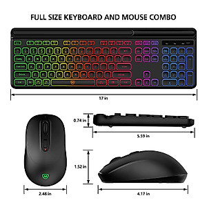 Backlit 2.4G Wireless Keyboard and Mouse Combo, Illuminated Full-Sized Rechargeable Keyboard & Silent Mouse Set with Rainbow Lighting & Integrated Cradle for Macbooks, PC Computer & Laptop