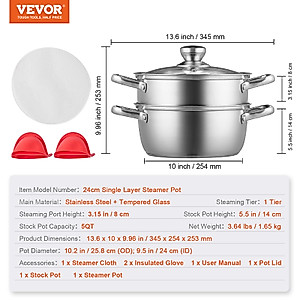VEVOR Steamer Pot, 9.5in/24cm Steamer Pot for Cooking with 5QT Stock Pot and Vegetable Steamer, Food-Grade 304 Stainless Steel Food Steamer Cookware with Lid for Gas Electric Induction Grill Stove