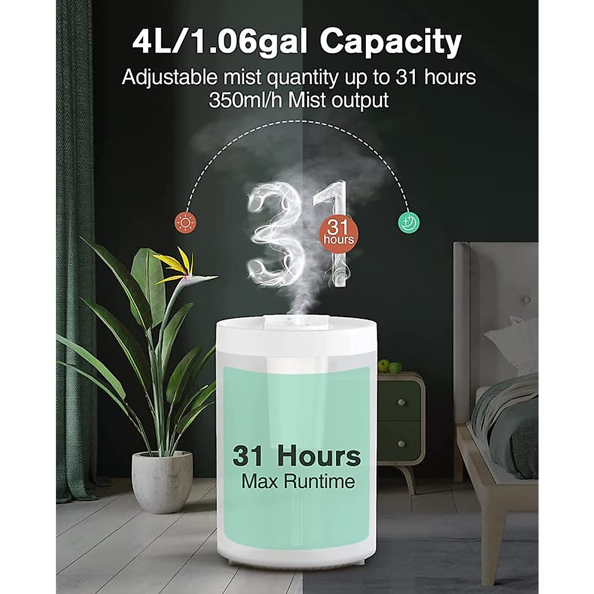 KOIOS Patented Cool Mist Humidifiers (2023 Upgraded), 4L Top Fill Ultrasonic Air Humidifier, Essential Oil Diffuser for Bedroom Large Room Home, 31H Runtime, Whisper Quiet Perfect for Babies, Plants