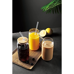 [8 Pack, 20 Oz] DESIGN•MASTER Premium Glass Cup with Bamboo Lids and Glass Straws, Can Shaped Beer Glasses, Tumbler Glasses, Perfect for Beer, Cocktail, Iced Coffee, Iced Tea and Soda.