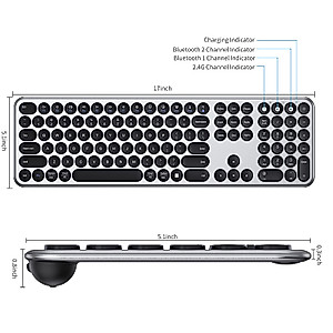 ZYTUA Multi-Device Bluetooth Keyboard, Dual Mode (Bluetooth & 2.4GHz) Full Size Rechargeable Wireless Keyboard with Round Keys, Support 3 Devices for Windows/iOS/Mac OS/Android
