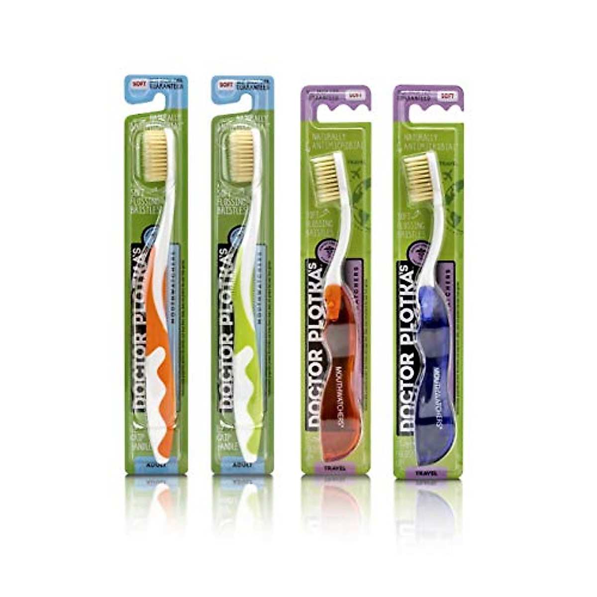 MOUTHWATCHERS Dr Plotkas Extra Soft Flossing Toothbrush, 2 Manual Soft Toothbrushes for Adults + 2 Folding Travel Toothbrushes, Good for Sensitive Teeth and Gums, 4 Pack - Colors Vary