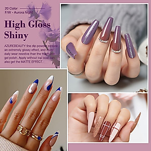 31Pcs Dip Nails Powder Starter Kit, AZUREBEAUTY 20 Colors Purple Blue Glitter Dipping Powder Recycling Tray Liquid Set with Base Top Coat Activator for French Nails Art Manicure DIY Home Salon