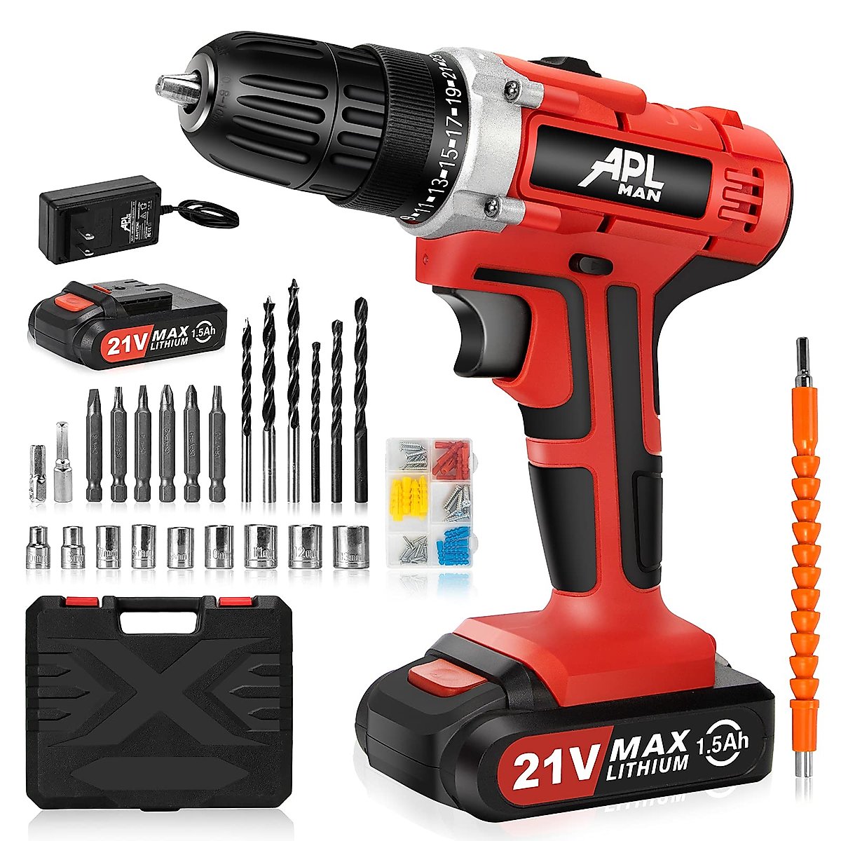 APLMAN Cordless Drill 21V with with Battery Electric Drill Kit 26pcs Accessories 3/8" Drill set All-Metal Chuck 25+1 Torque Setting,2 Variable Speed and LED