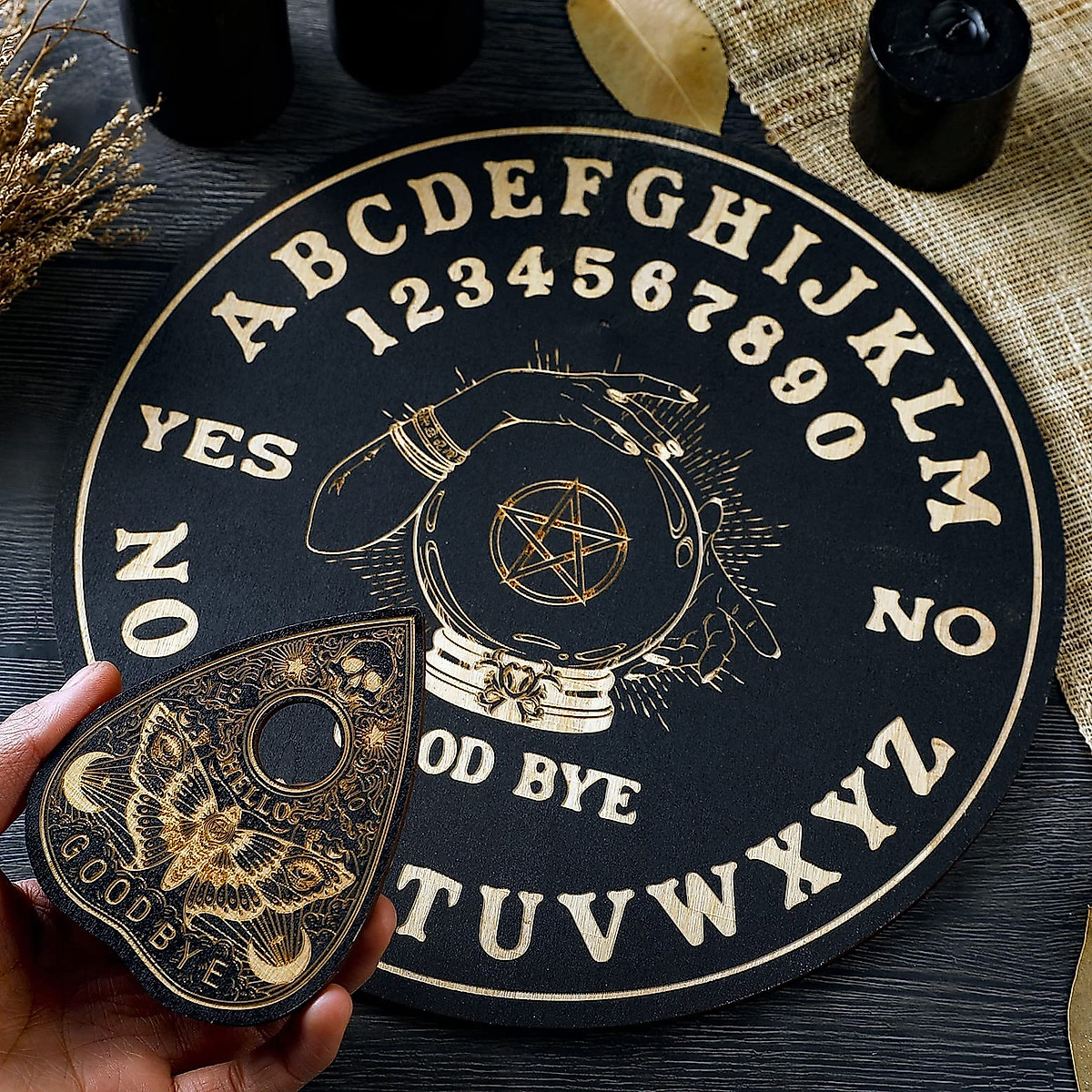 Keithwood 11.5’’ Black Spirit Board with Planchette Handmade Black Talking Board Game Spirit Board for Spirit Hunt, Witch Craft, Occult Practice - Magic Crystal Ball Pentagram Star in Hands