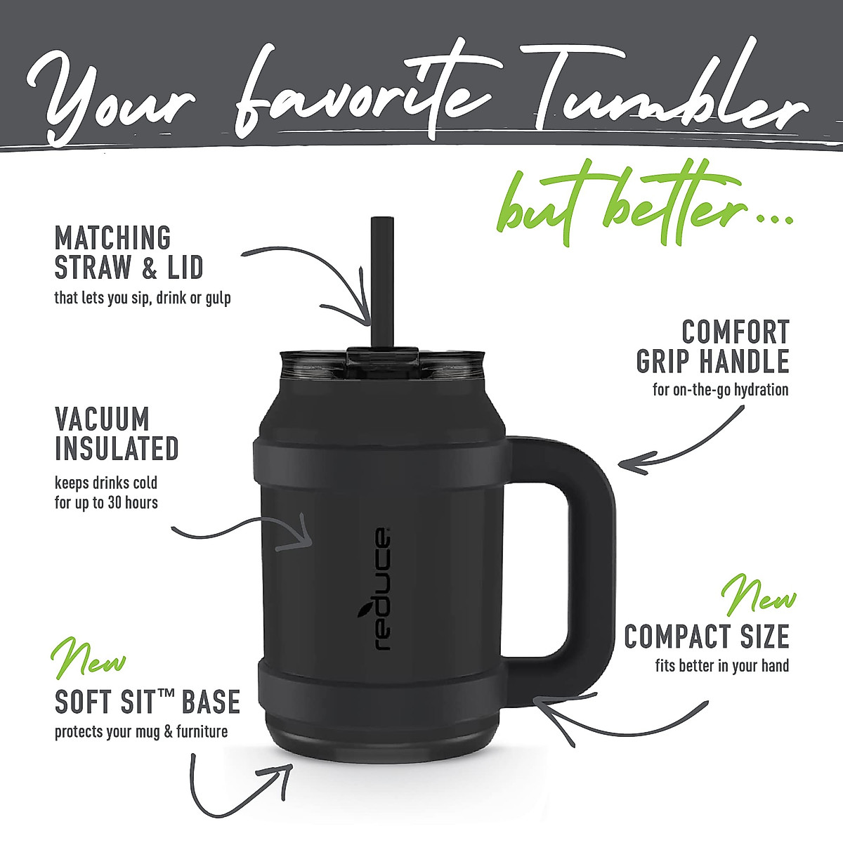 REDUCE Reusable 32 oz Cold1 Water Tumbler – Ergonomic Handle – Double-Wall Insulation – Sturdy Desktop/Tabletop Mug with Lid and Straw – BPA-Free – Stainless Steel for Gym, Home, or Office– Phantom