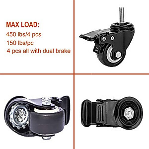 2" Stem Caster Wheels with Safety Dual Locking 600Lbs Heavy Duty Threaded Stem Casters No Noise Swivel Castors with Brakes 3/8"- 16 x 1" (Set of 4)